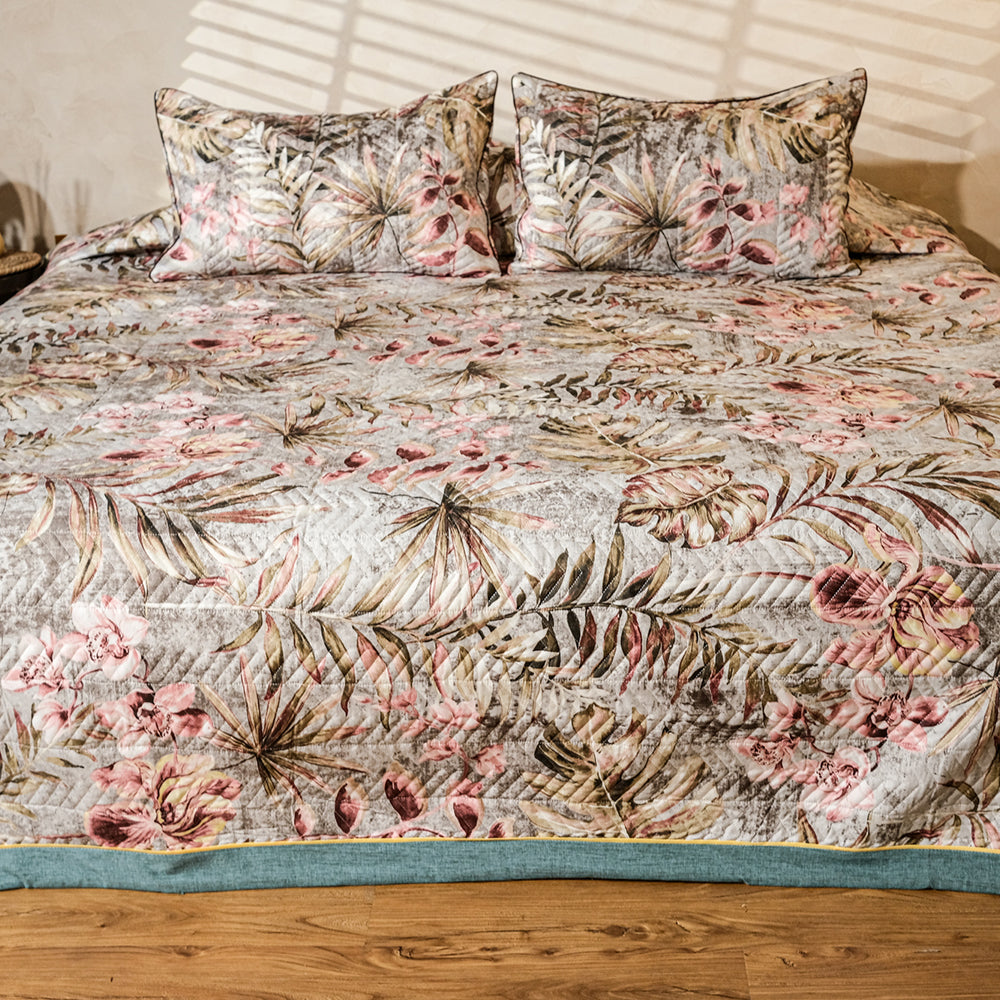 Pure Cotton- Ivory & Brown Leaf Motif Quilted Bed Cover – Sita Fabric